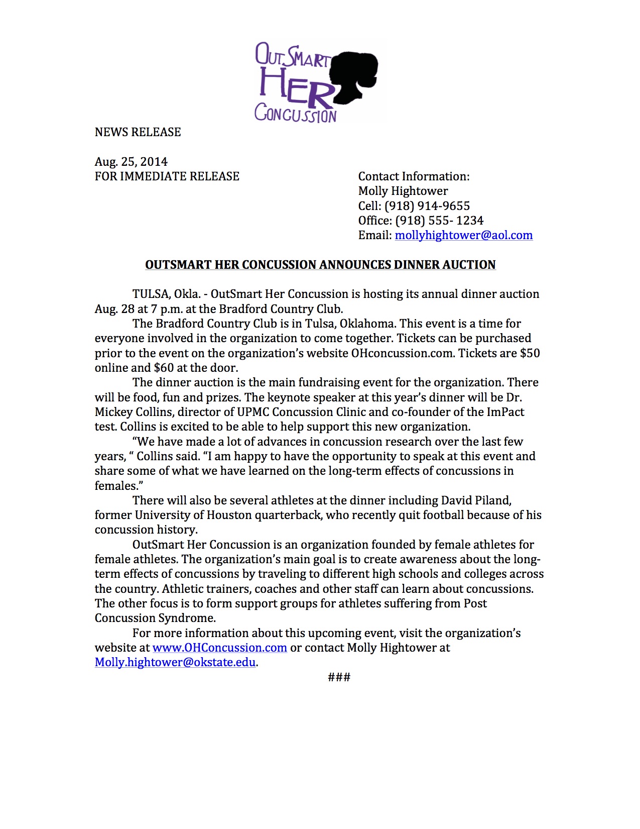 OutSmart Her Concussion – Nonprofit organization | Molly E. Hightower